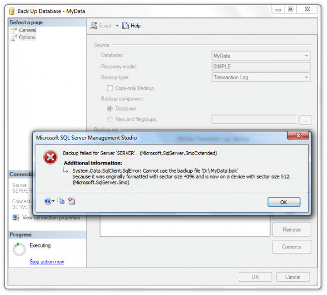 Cannot use the backup file because it was originally formatted with ...