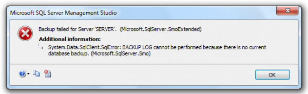 BACKUP LOG cannot be performed because there is no current database ...