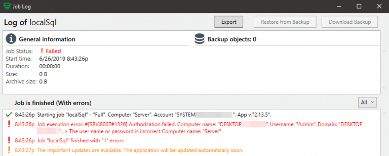 [SRV:8007#1326] The User Name or Password is Incorrect ...